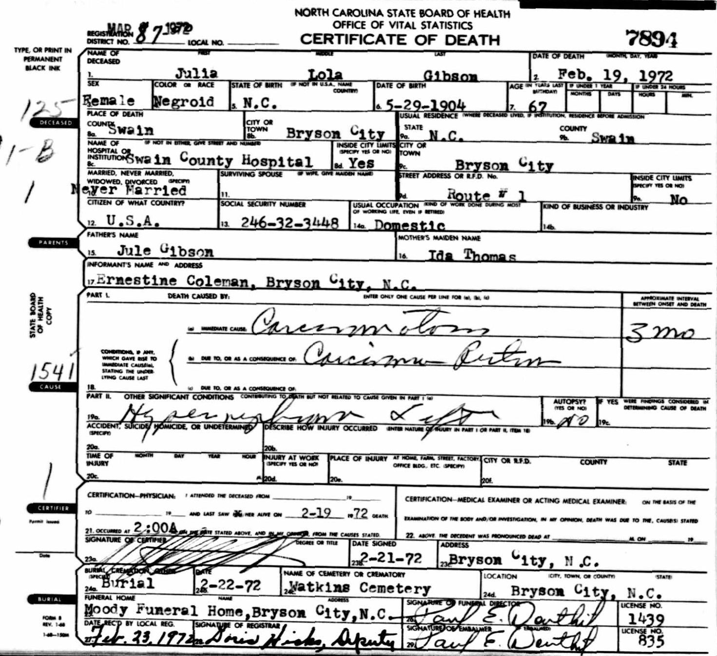 Julius Pinkney Gibson, Marriages & Children